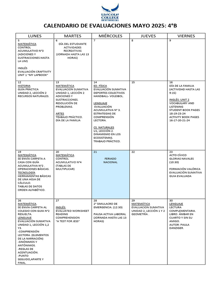 Evaluaciones 4°B Mayo 2025: Calendario | PDF