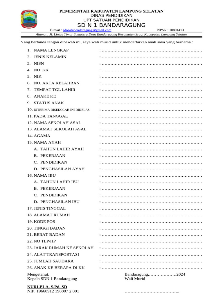 Blanko Pendaftaran Siswa Baru 2024 | PDF