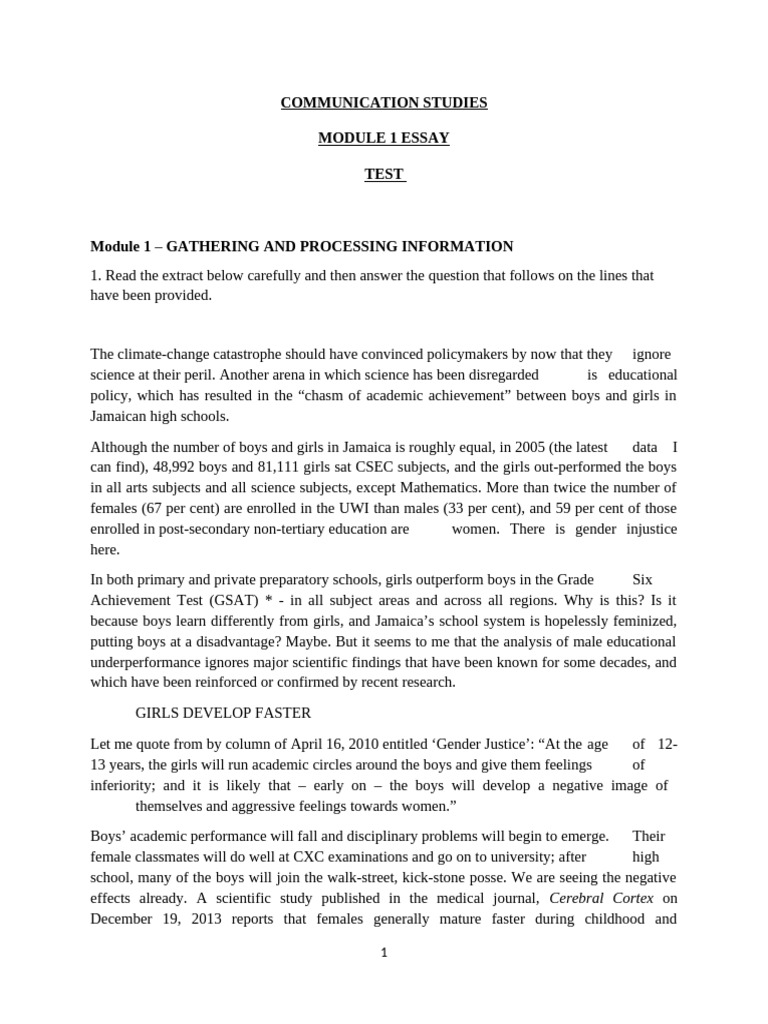 Comm Studies SAMPLE MODULE 1 Essay | PDF | Behavioural Sciences | Cognition