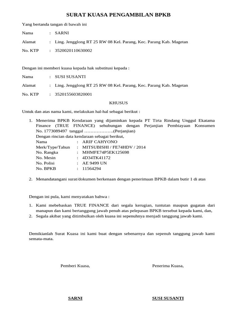 SURAT KUASA PENGAMBILAN BPKB - Susi | PDF