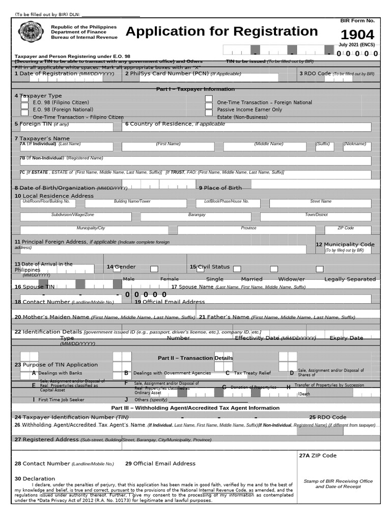 BIR Form 1904 Registration Guide | PDF | Identity Document