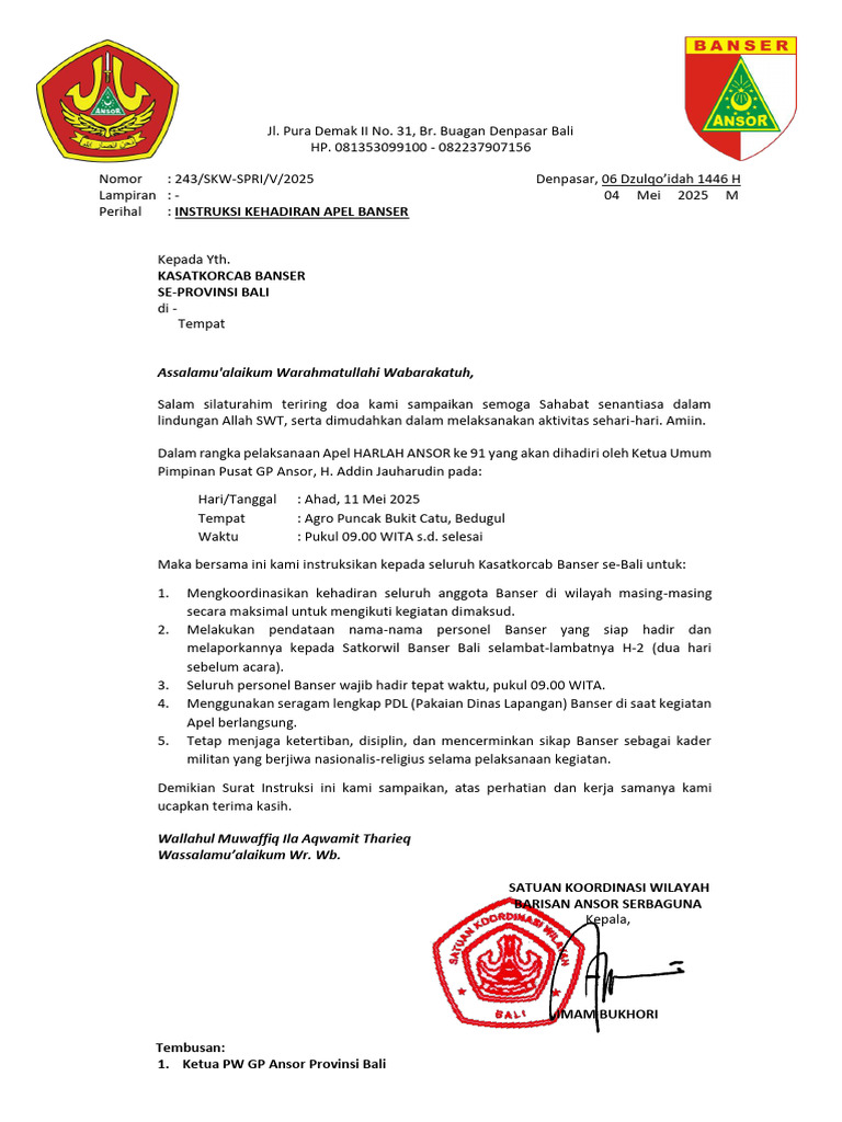 Instruksi Kehadiran Apel Banser 2025 | PDF