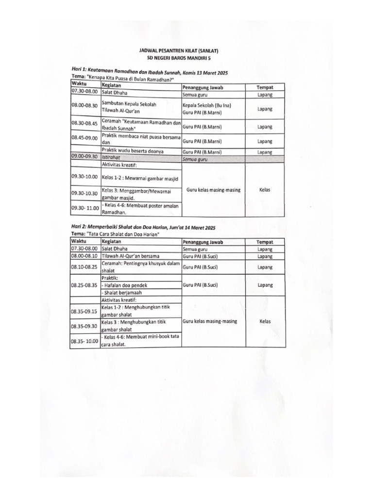 Jadwal Pesantren Kilat (Sanlat) | PDF