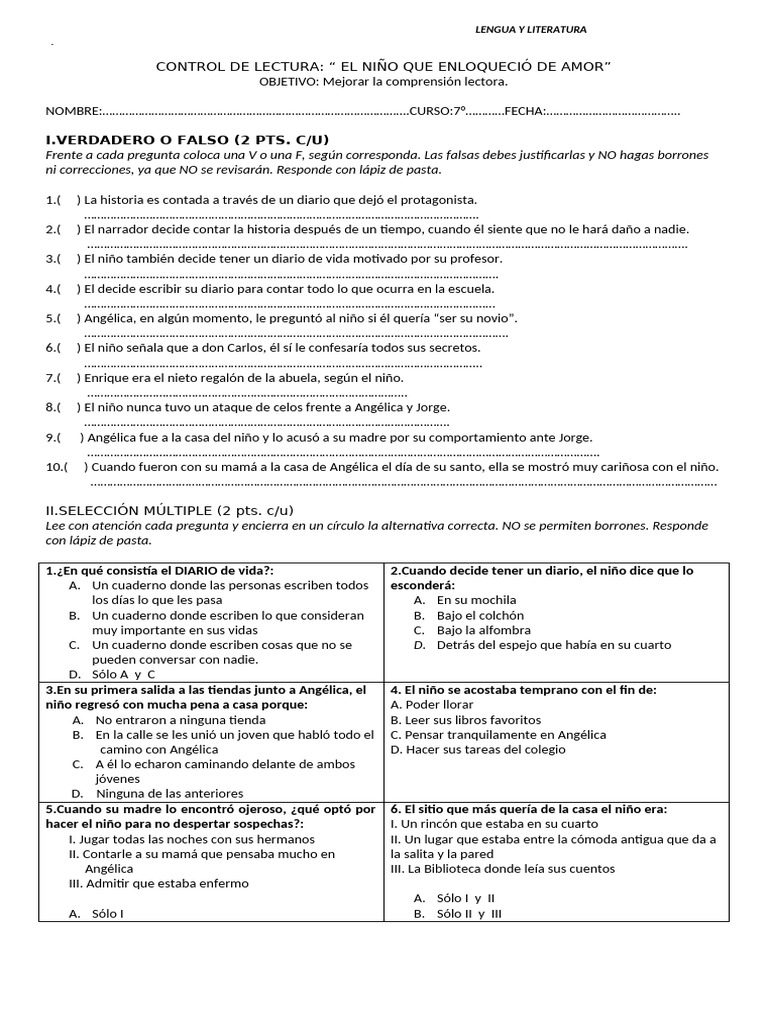 Control de Lectura: "El Niño que Enloqueció de Amor" | PDF