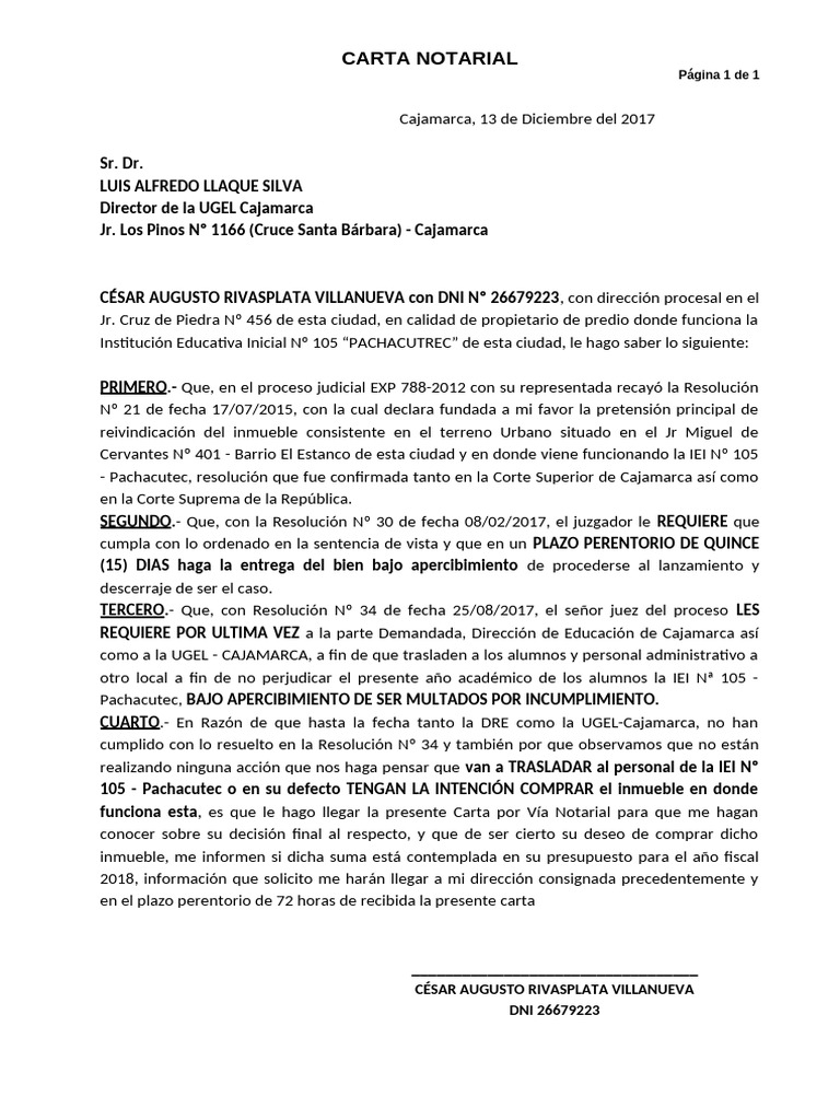 Carta Notarial A Ugel - Dic 2017 | PDF | Justicia | Crimen y violencia