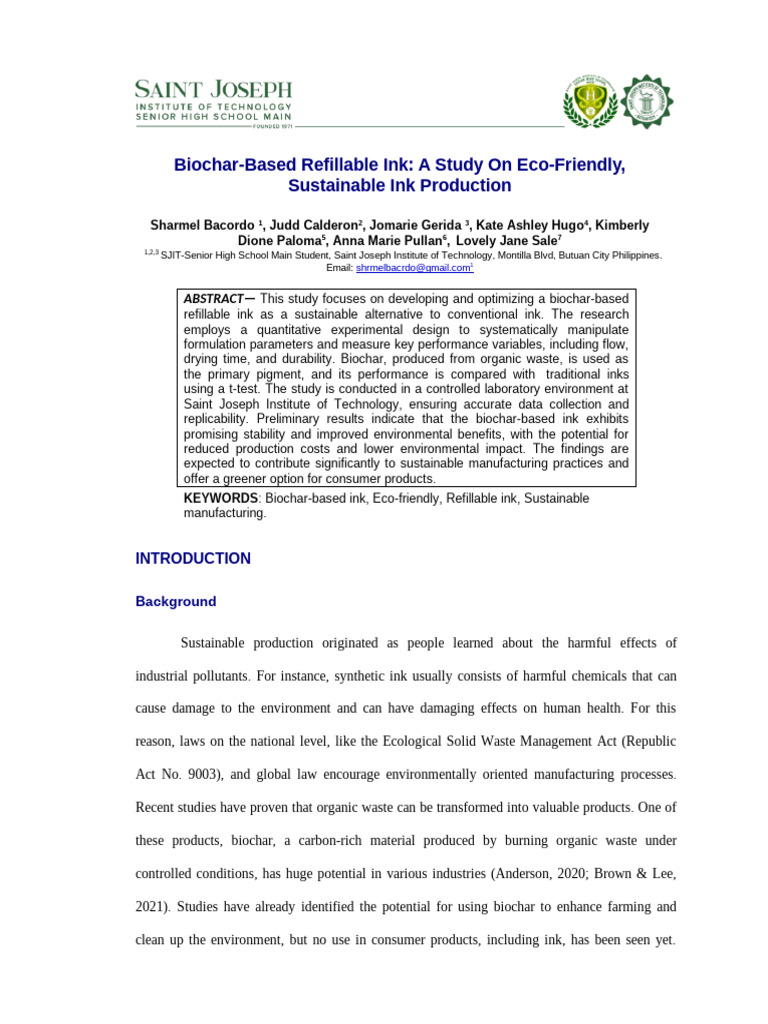 Biochar-Based Refillable Ink - CAPSTONE 2 | PDF | Ink | Sustainability