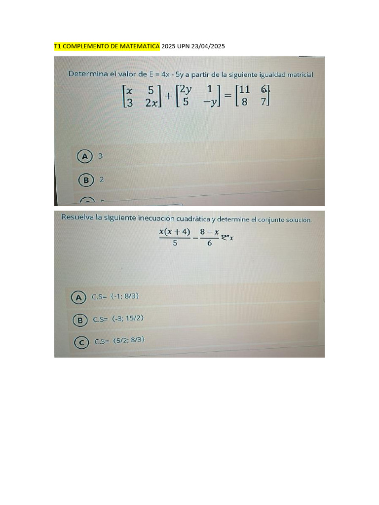 t1 Complemento de Matematica 2025 Upn | PDF