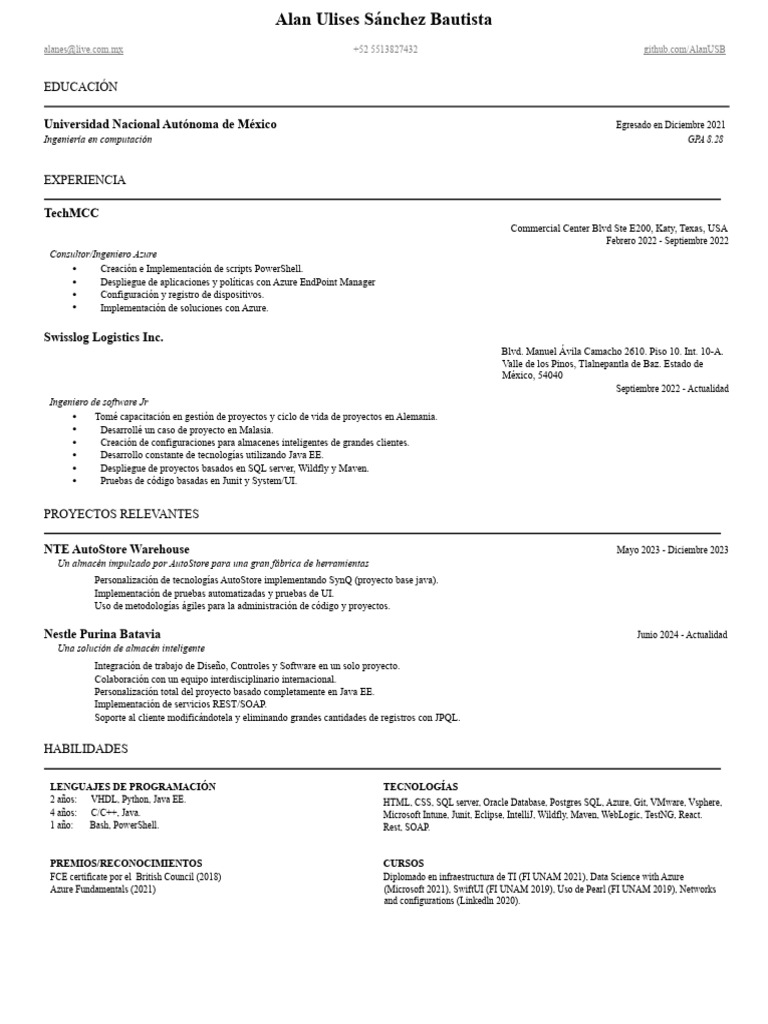 AlanSanchezB CV ESP | PDF | Microsoft Azure | Java (lenguaje de programación)