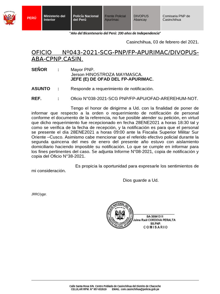 Oficio EMITE RESPUESTA A NOTIFICACION | PDF