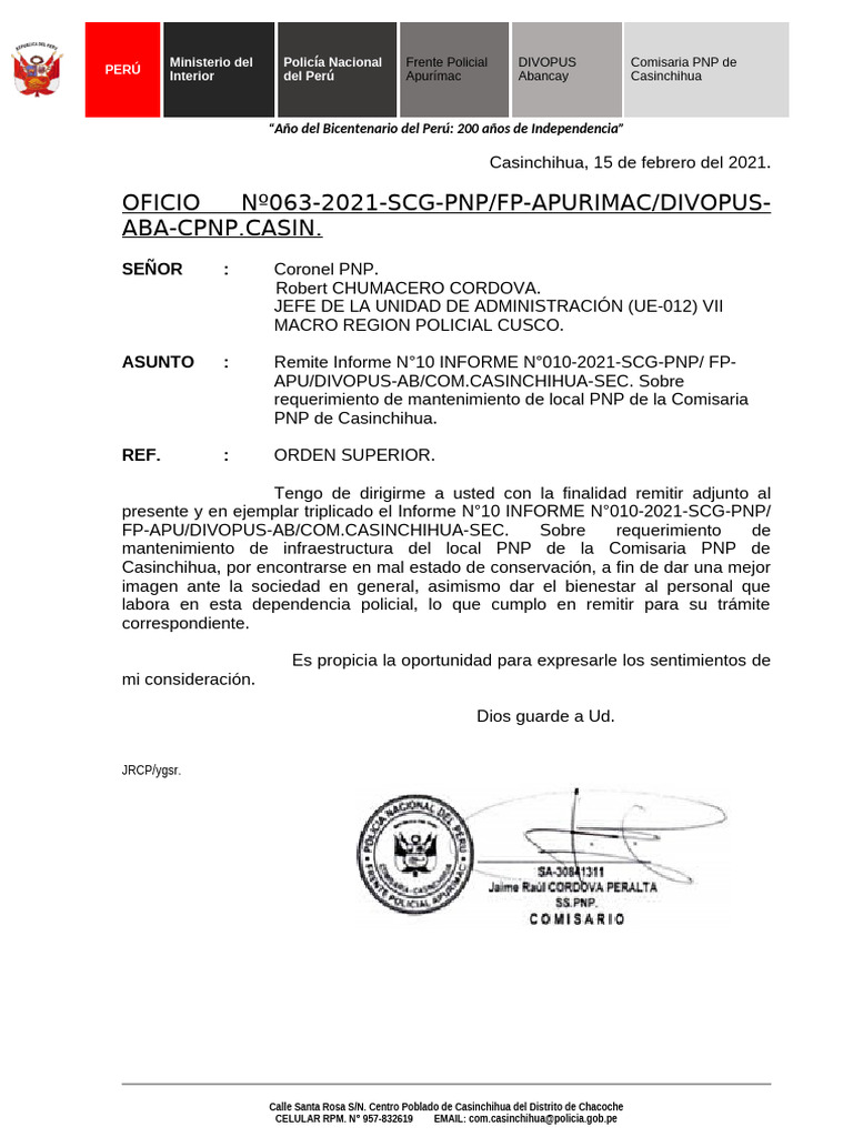 OFICIO REMITE INFORMEE MANTENIMIENTO | PDF