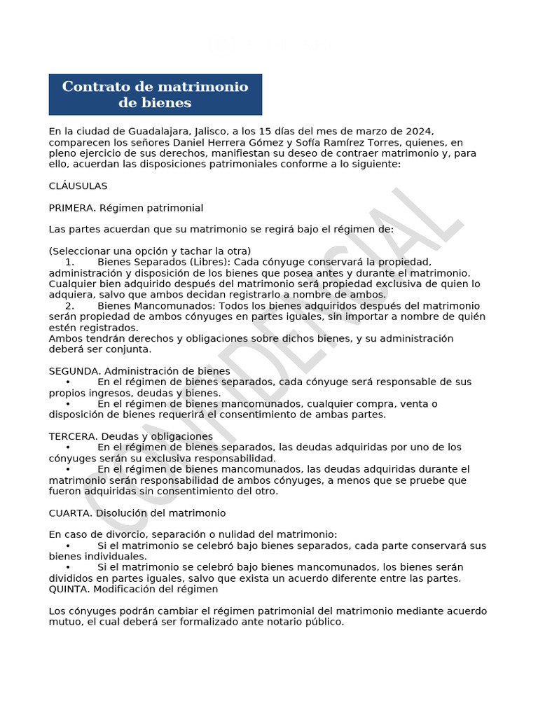 Contrato Matrimonial: Bienes Mancomunados y Separados | PDF ...