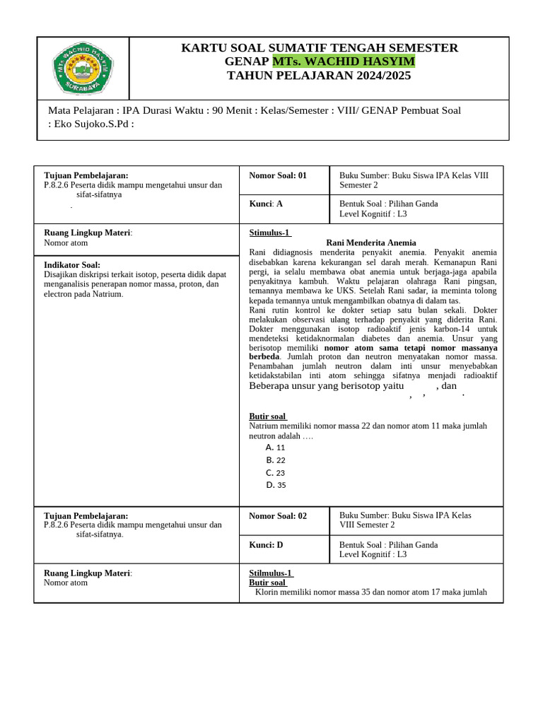 Format Kartu PTS-2 Ipa 02. Format Kartu PTS-2 Ipa | PDF