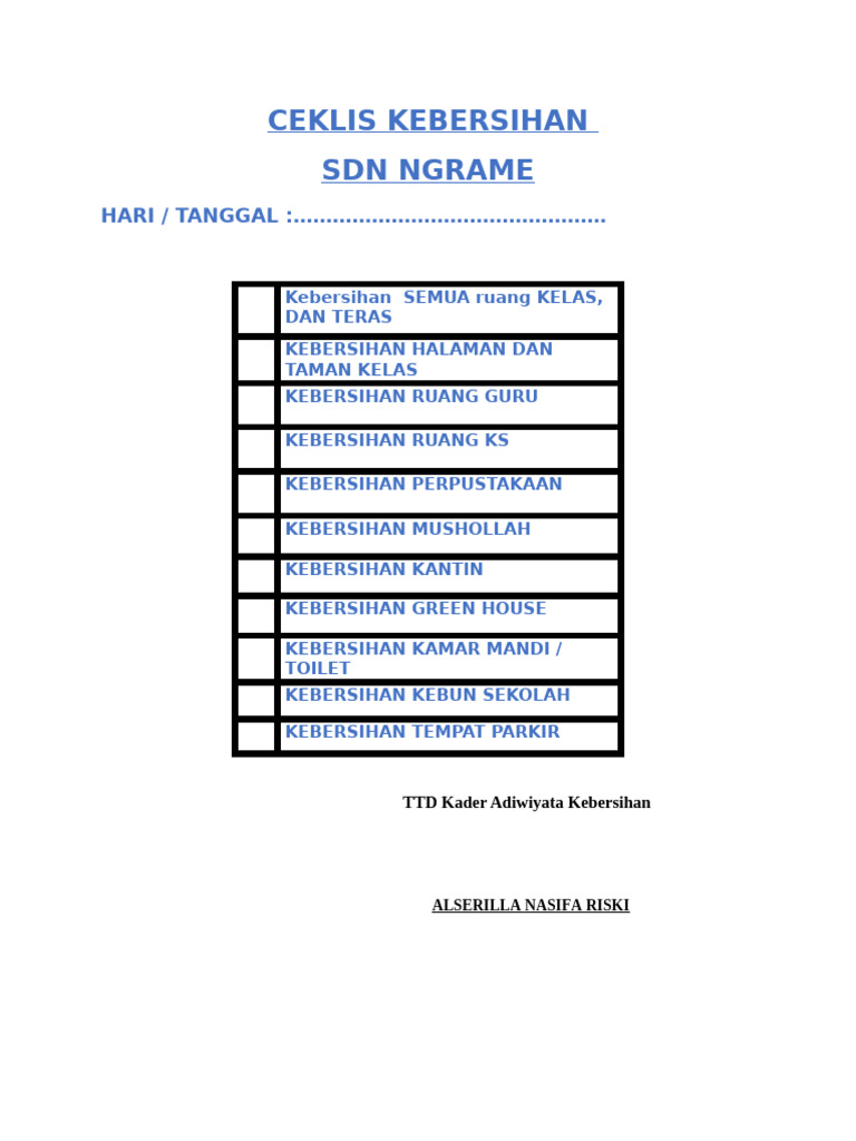 Ceklis Kebersihan Kelas 5 | PDF