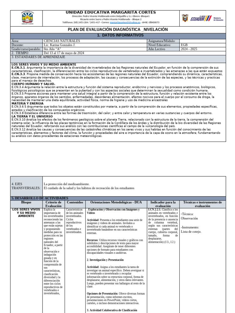 Plan de Evaluacion Diagnostica | PDF | Tierra | Entorno natural