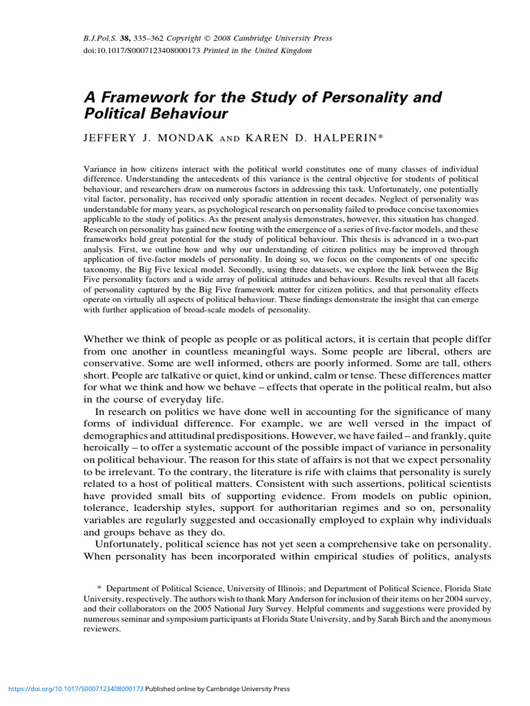 A Framework For The Study of Personality and Political Behaviour | PDF ...