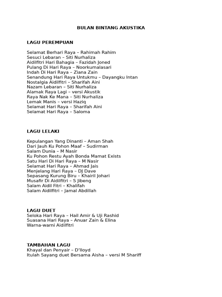 Bulan Bintang Akustik List Lagu | PDF