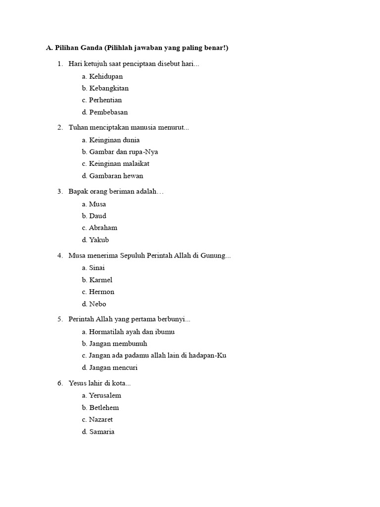 Soal PSAS Agama Kristen Kelas 6 | PDF