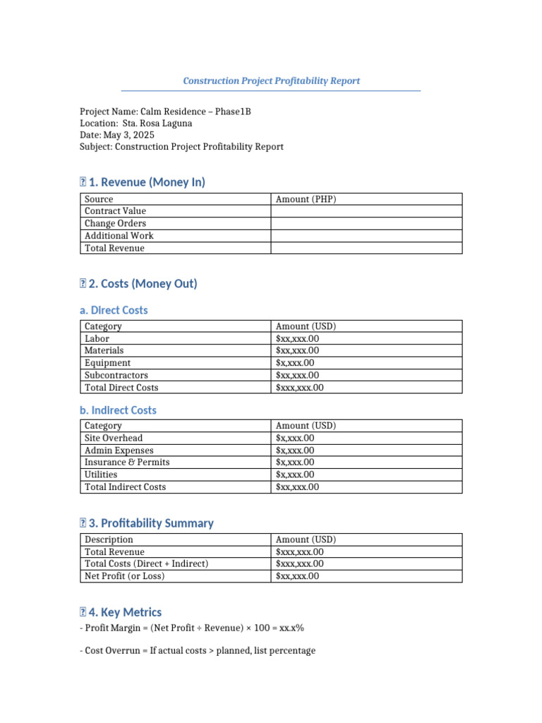 Construction Profitability Report Template | PDF