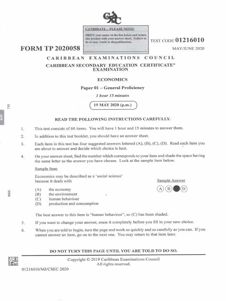 CSEC Economics P1 2020 MJ | PDF