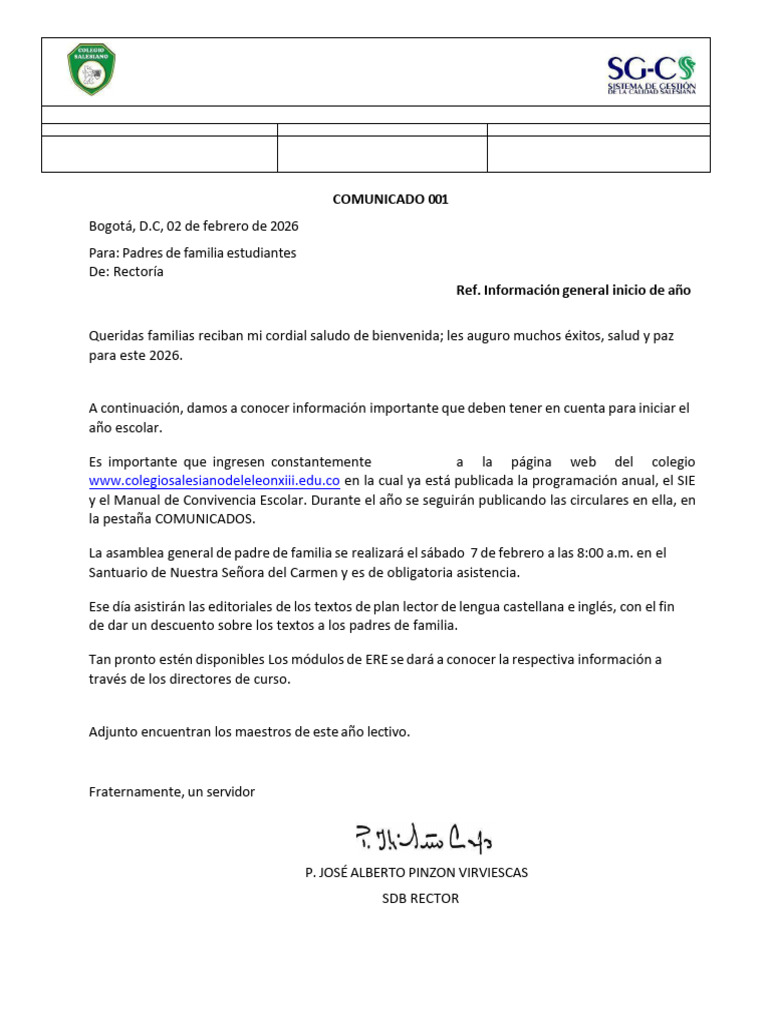 Comunicado Inicio Año Escolar 2026 | PDF