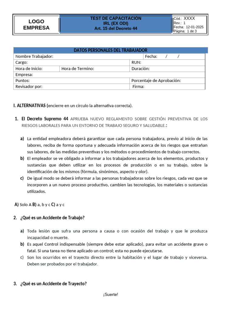 Prueba Evaluacion Capacitacion Irl Ex Odi DS 44 | PDF
