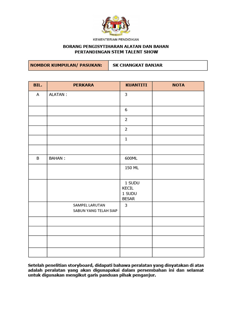 Borang Alatan Dan Bahan | PDF