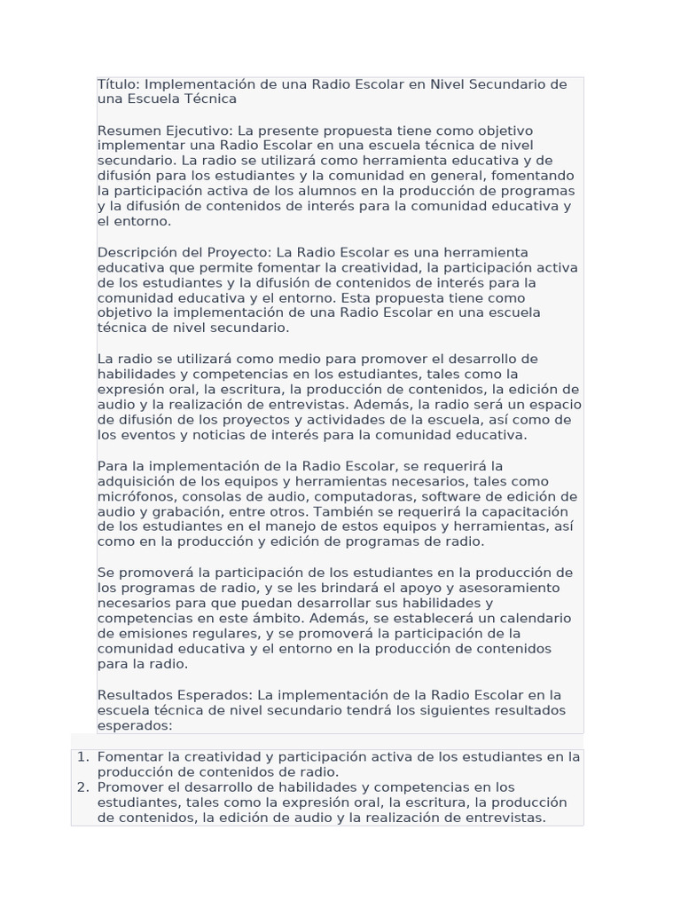 Proyecto - Radio Escolar Educativa - Escuela 724 | PDF | Escuelas | Aprendizaje