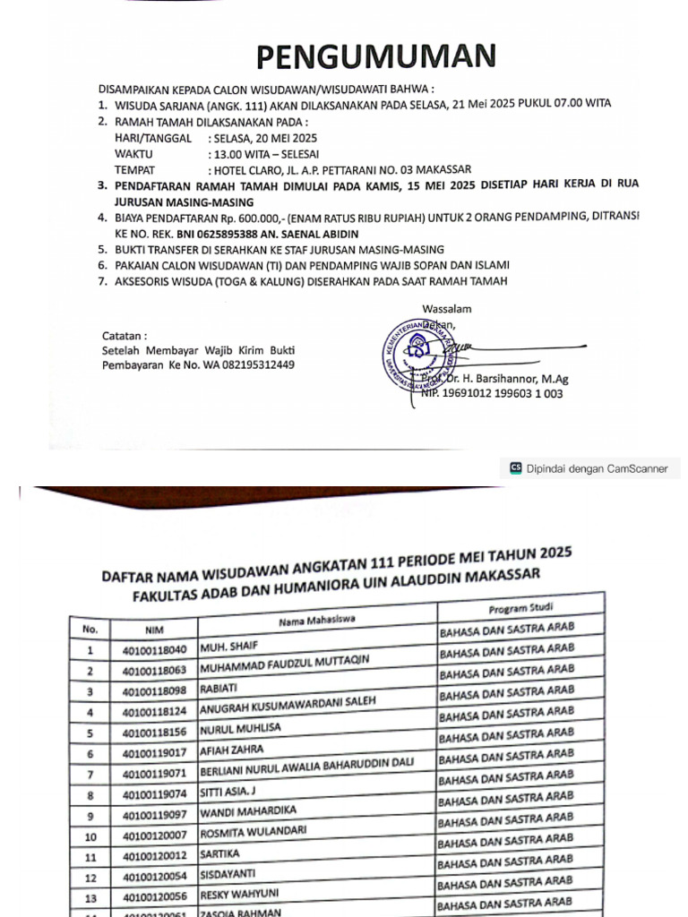 Pengumuman Dan Daftar Nama Calon Wisuda Angkatan 111 Mei 2025 | PDF