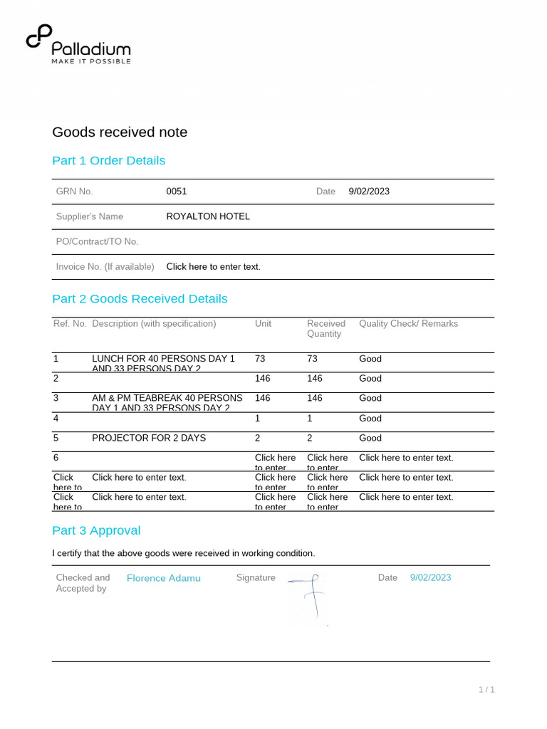 Goods Received Note - GRN 0051 | PDF