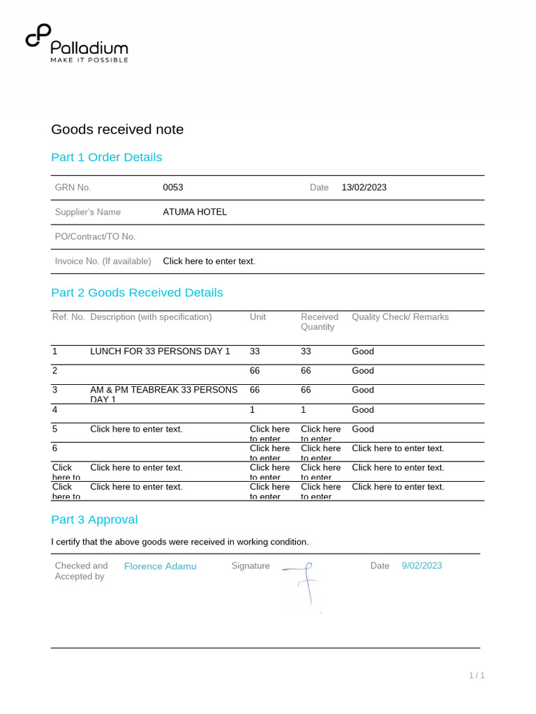 Goods Received Note - Hotels Services (1) | PDF