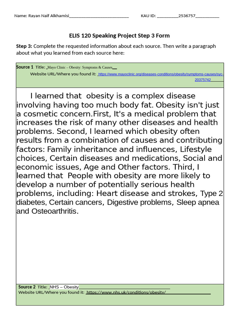 نسخة ‎⁨نسخة ELIS 120 Speaking Project Step 3 Form 2024-2025⁩⁩ | PDF ...
