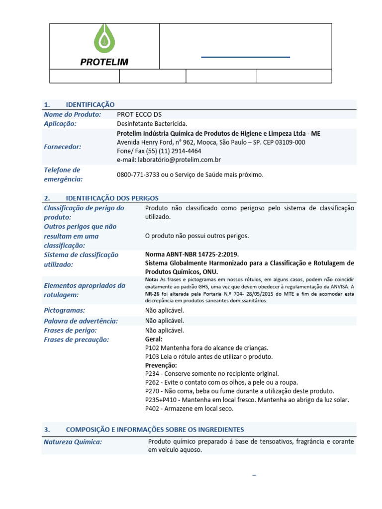 Ficha de Segurança do PROT ECCO DS | PDF | Desperdício