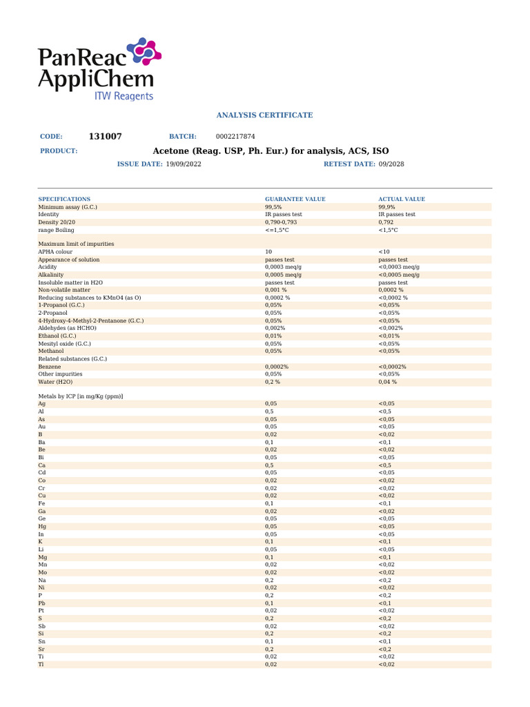 Acetone Analysis Certificate 99% Assay | PDF
