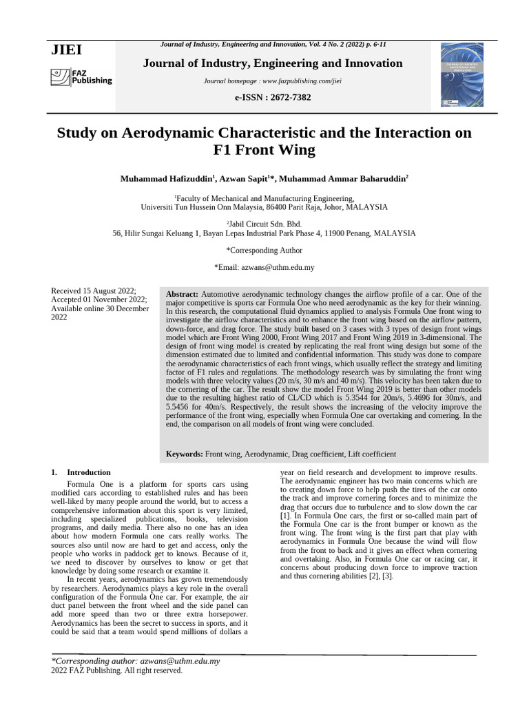 Study On Aerodynamic Characteristic and The Interaction On F1 Front Wing | PDF | Computational ...