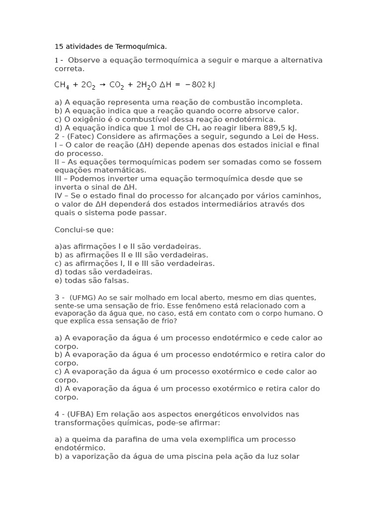 Atividades de Termoquímica | PDF | Entalpia | Combustão