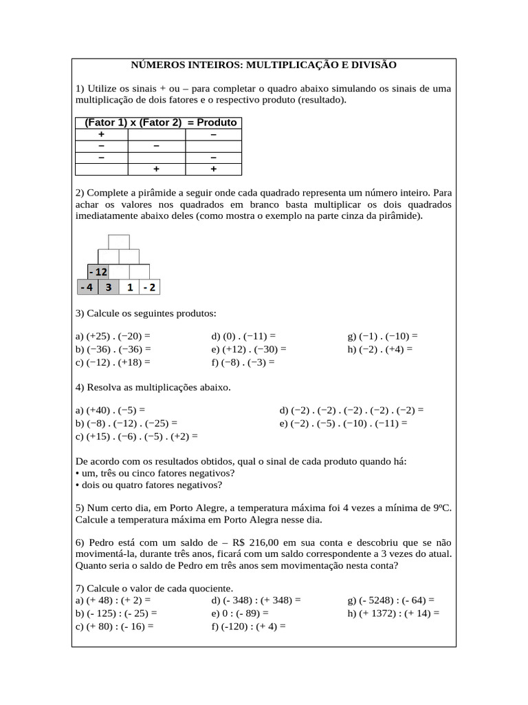 Exercícios de Multiplicação e Divisão | PDF | Número inteiro | Divisão ...