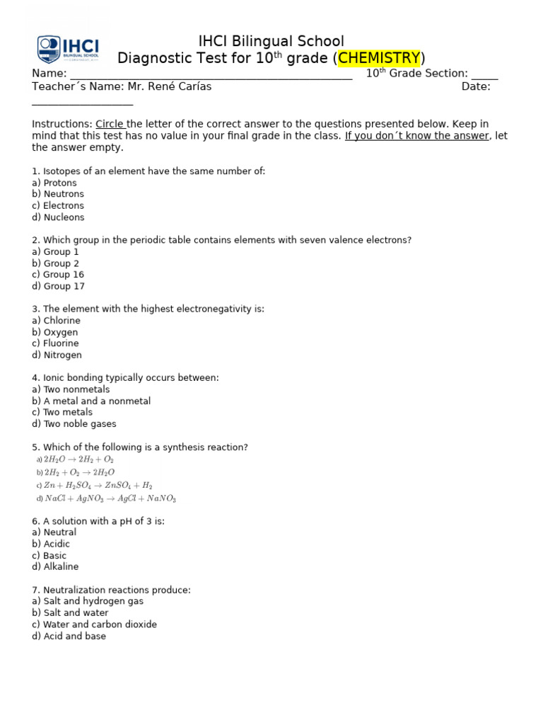 Diagnostic Test Chemistry 10th Grade | PDF | Chemistry | Chemical Reactions