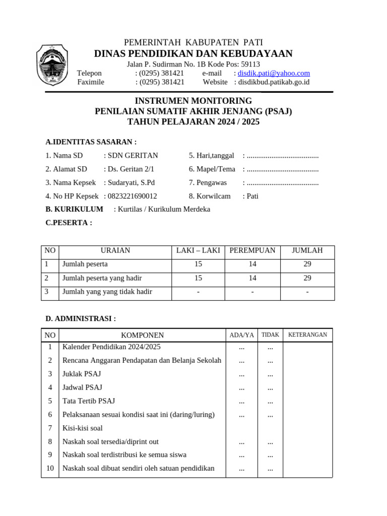 Instrumen Monev Psaj 2024-2025 | PDF