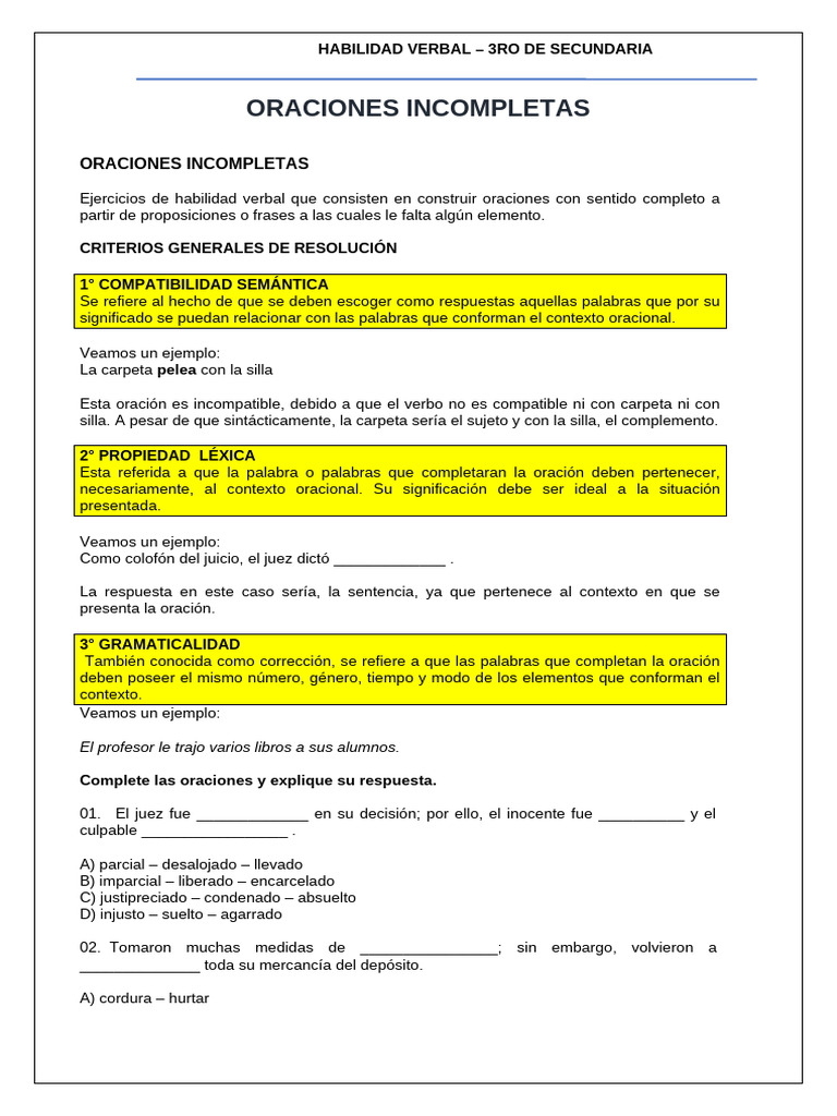 Tema-3 - Oraciones Incompletas | PDF | Oración (Lingüística) | Verbo