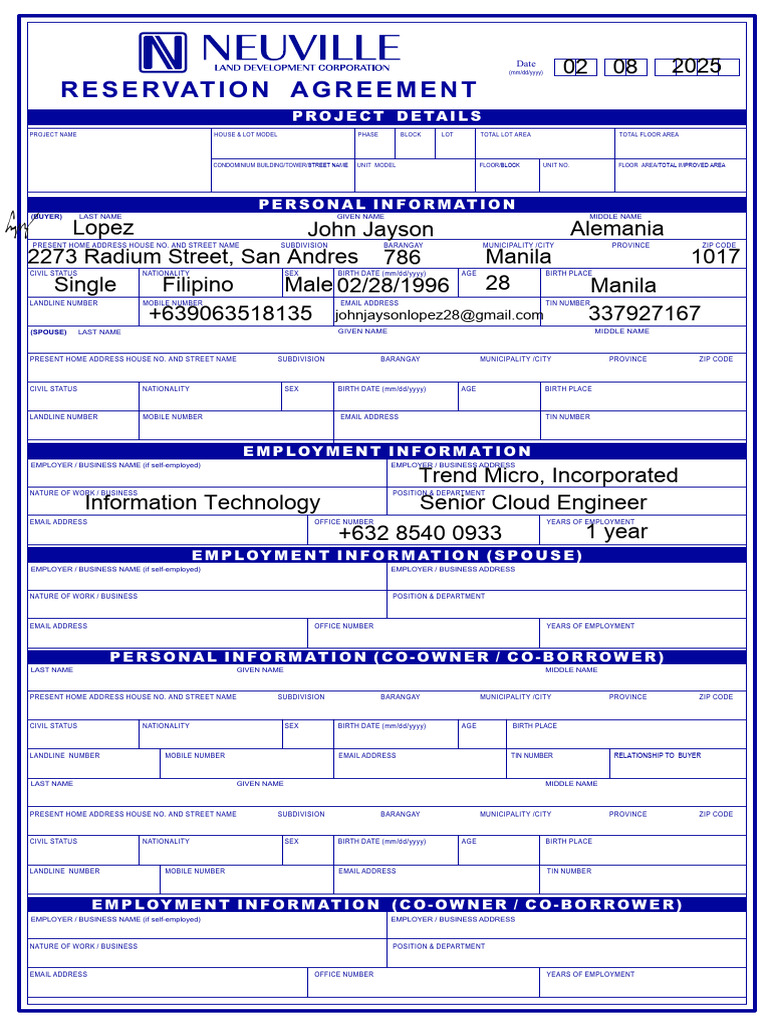 Reservation Agreement Form Template | PDF | Taxes | Loans