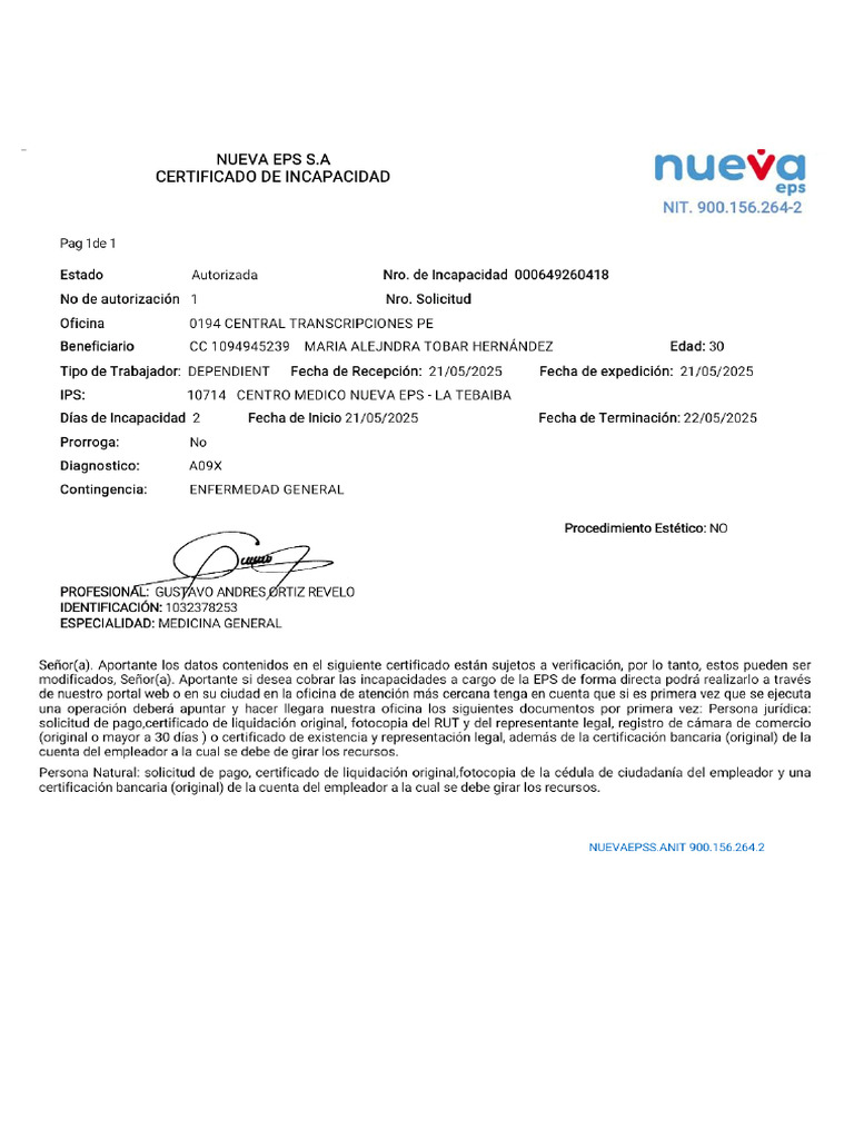 Nueva Eps S.A 2025-05-21 Maria Alejndra Tobar Hernández | PDF
