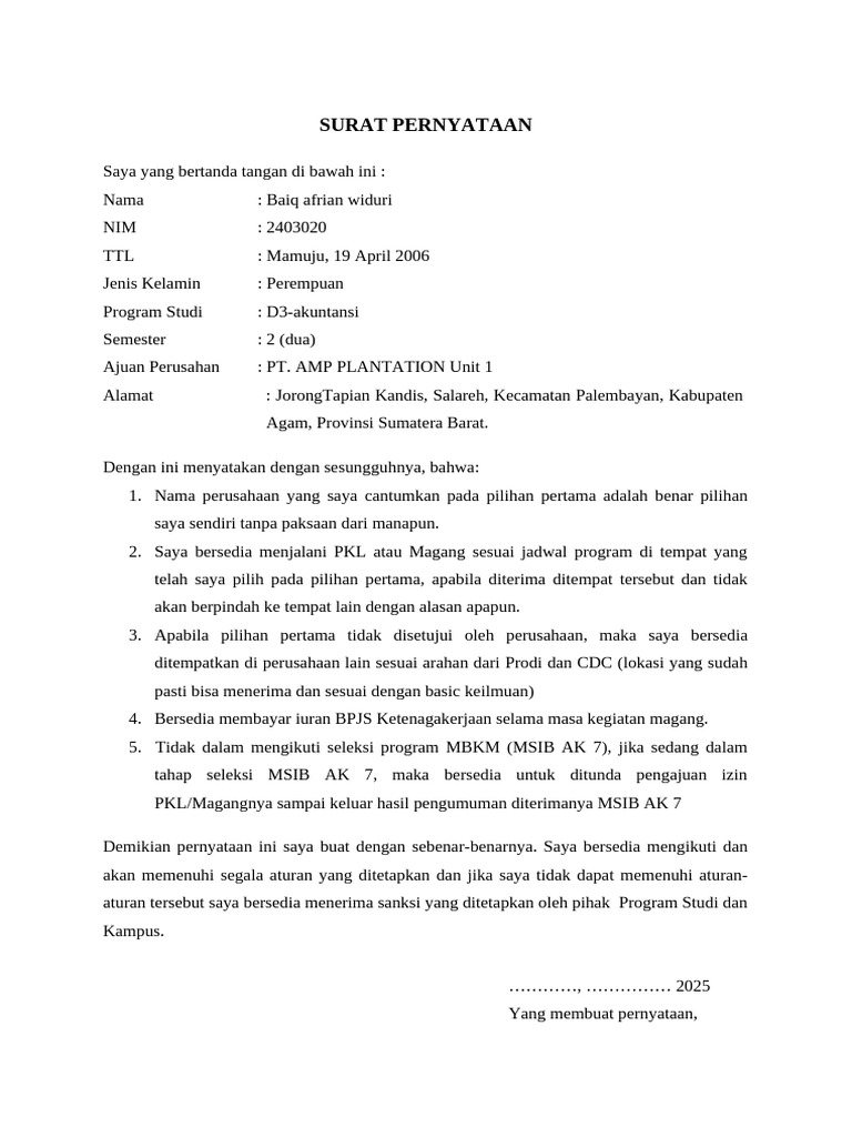 Surat Pernyataan PKL (Baiq Afrian Widuri) | PDF