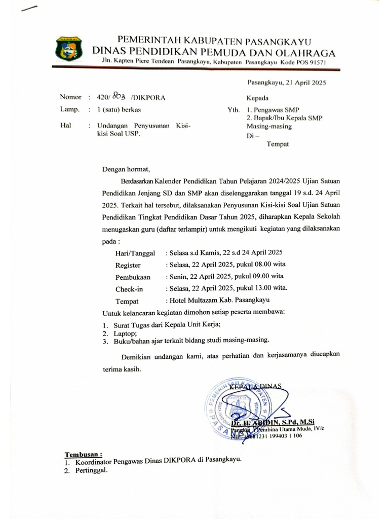 Undangan Prnyusunan Kisi - Kisi Soal USP SMP | PDF