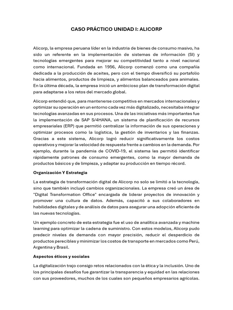 Caso PR Ctico Unidad I Alicorp | PDF | Planificación de recursos empresariales | Internet de las ...