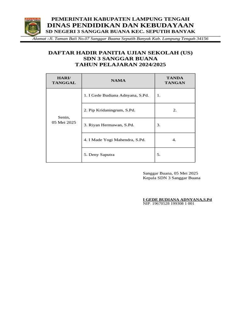 9. Daftar Hadir Panitia Ujian 2024 | PDF