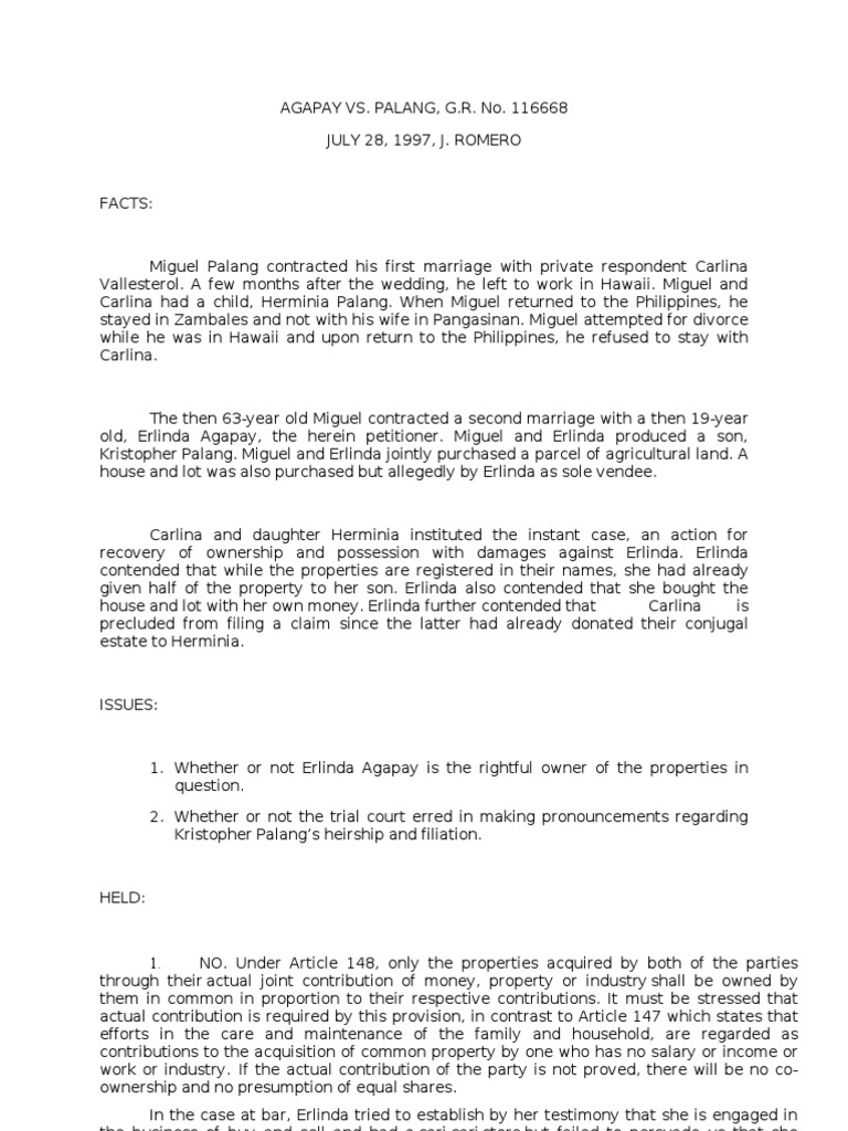 Digest - Agapay Vs Palang | PDF | Concurrent Estate | Property