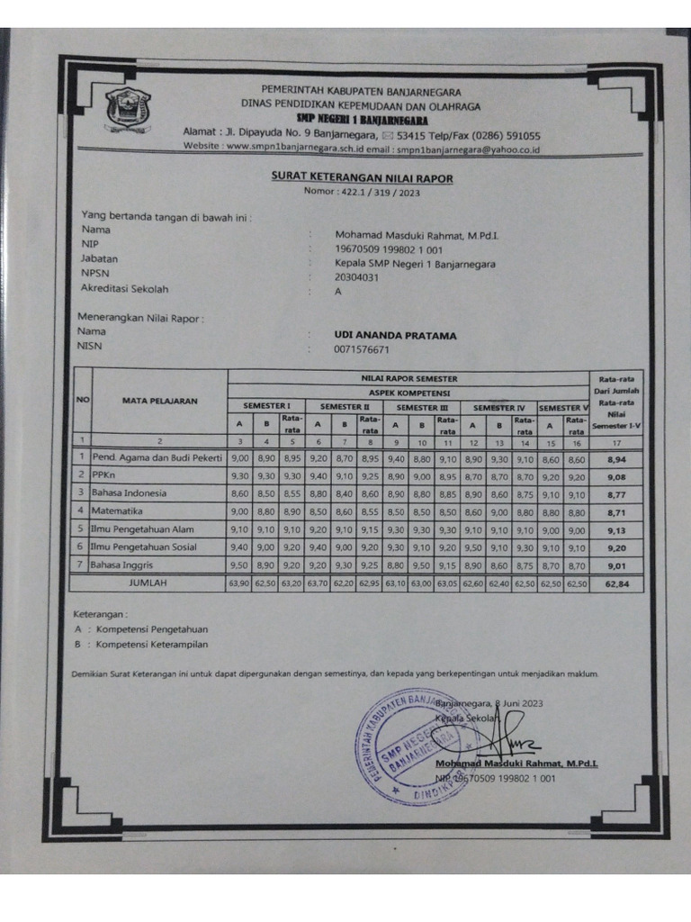 Surat Keterangan Raport (Udi Ananda Pratama) - 9E29 Udi Ananda Pratama | PDF