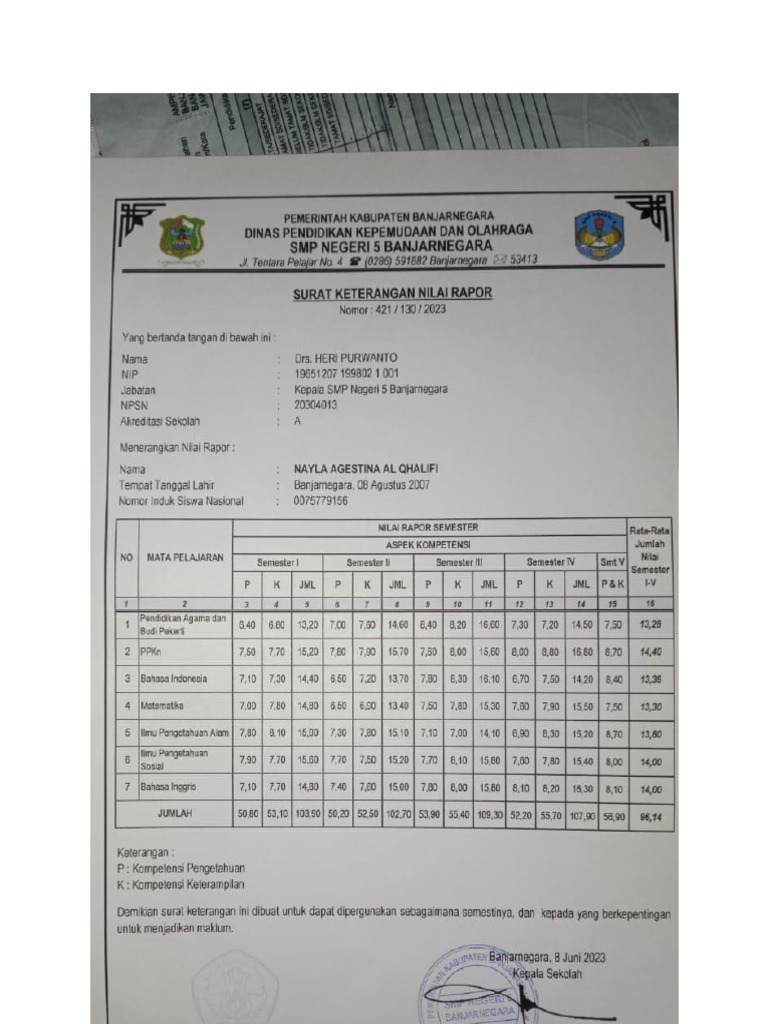 Keterangan Nilai Rapot - Nayla Agestina | PDF