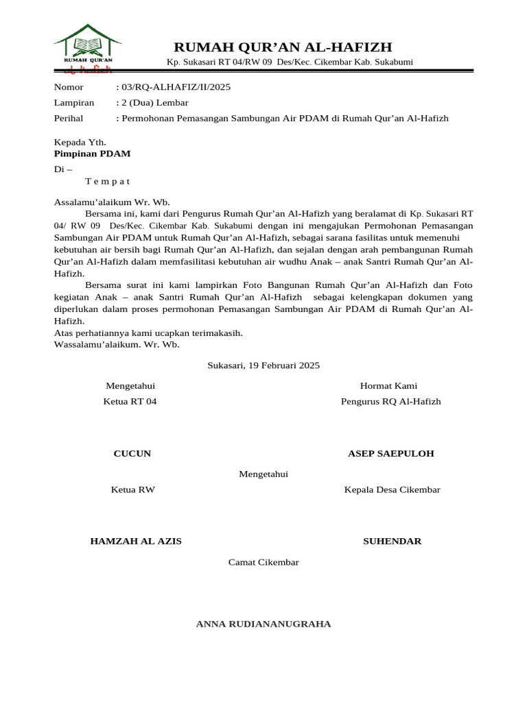 SURAT PERMOHONAN PASANG AIR PDAM RUMAH QUR'AN | PDF