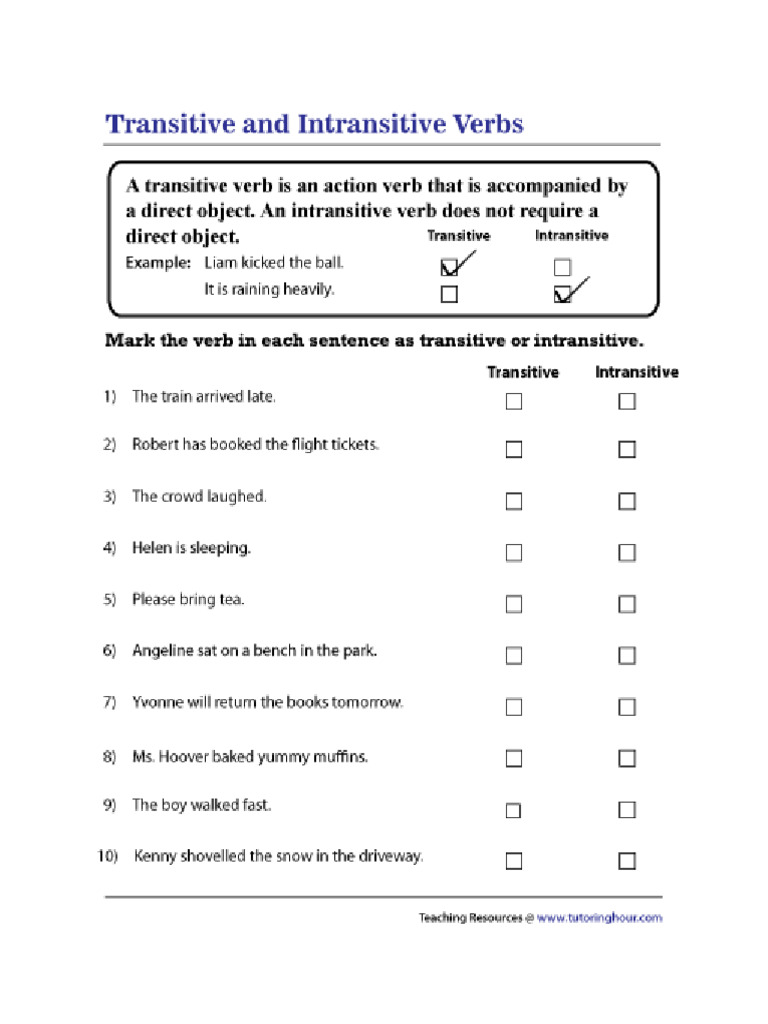 Transitive & Intransitive Verbs Worksheets for kids and etc | PDF